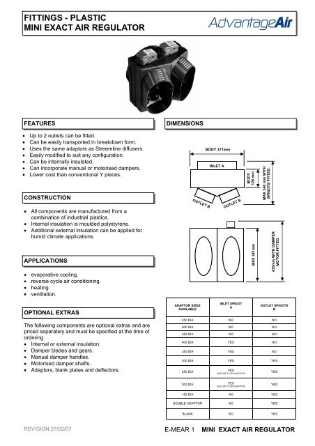 FITTINGS - PLASTIC MINI EXACT AIR REGULATOR - Advantage Air