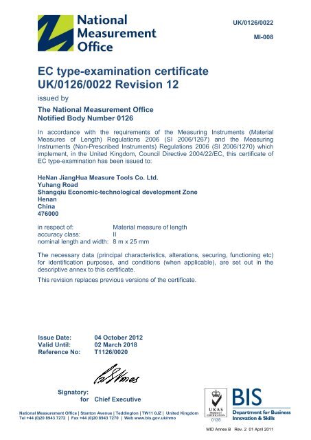 EC type-examination certificate UK/0126/0022 Revision 12 - emetas