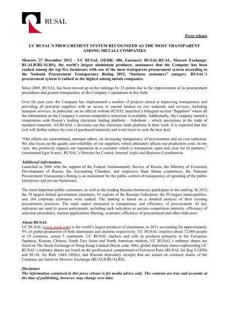 uc rusal's procurement system recognized as the most transparent ...