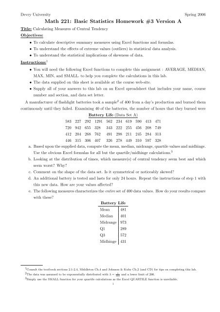 Math 221: Basic Statistics Homework #3 Version A
