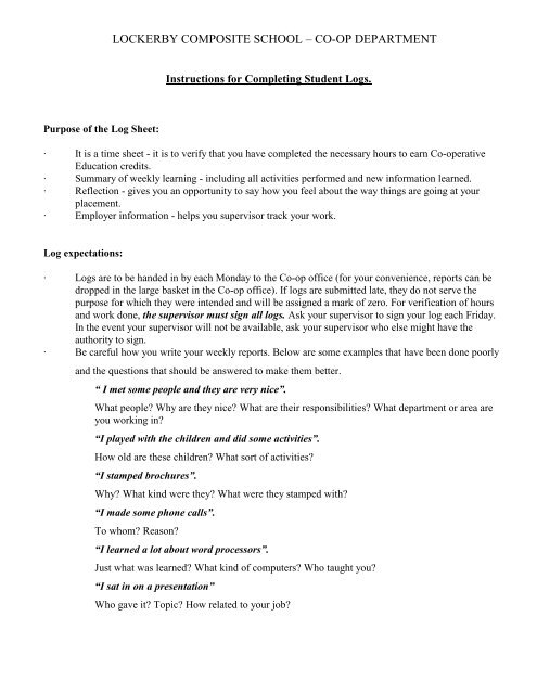 Download Log Sheets Here - Lockerby Composite School