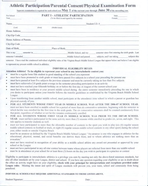 Athletic ParticipationIParental Consent/Physical Examination Form
