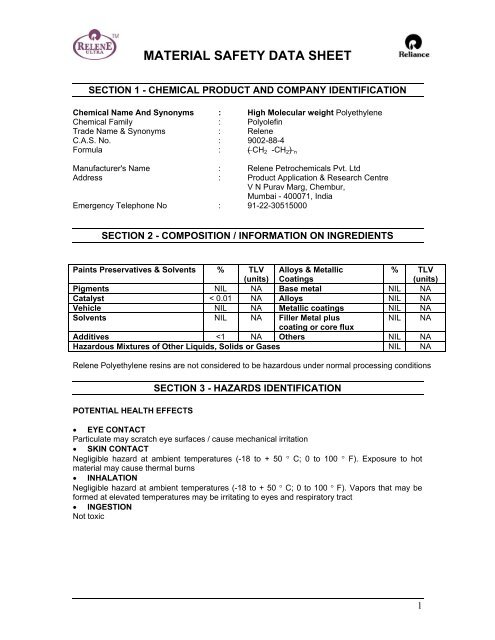 MSDS Relene - RPCL - Reliance Industries Ltd