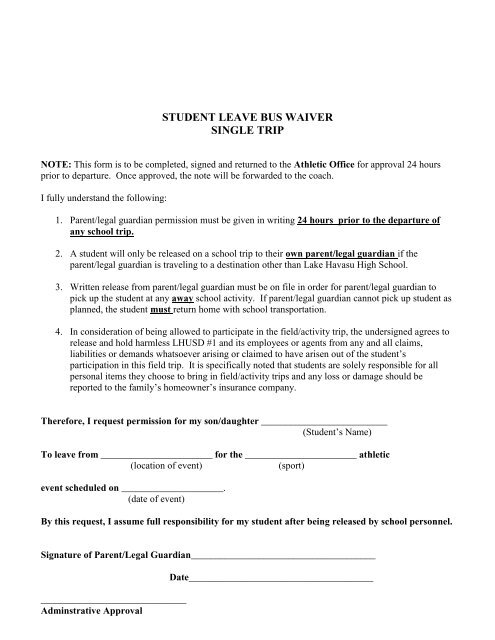 Bus Waiver Form - Parent - Lake Havasu Unified School District
