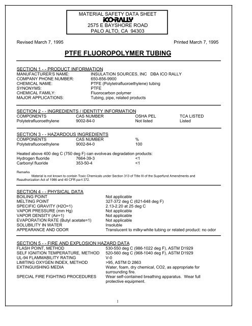 MSDS - PTFE Fluoropolymer Tubing - ICO Rally
