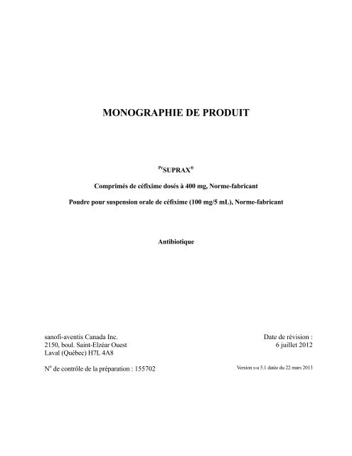 Suprax (cÃ©fixime) - Sanofi Canada