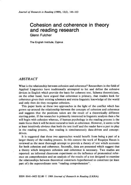 Cohesion and coherence in theory and reading research