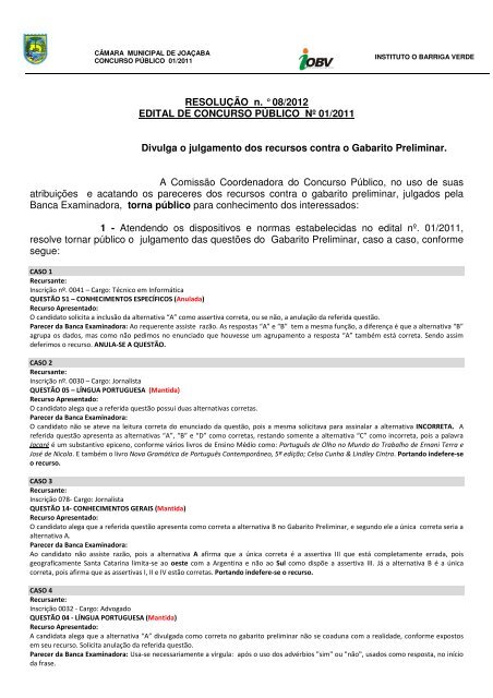 parecer do julgamento dos recursos gabarito preliminar - IOBV