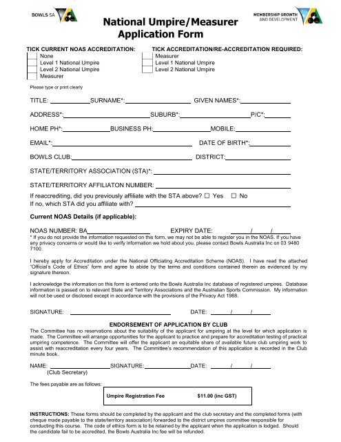 National Umpire/Measurer Application Form - Bowls SA