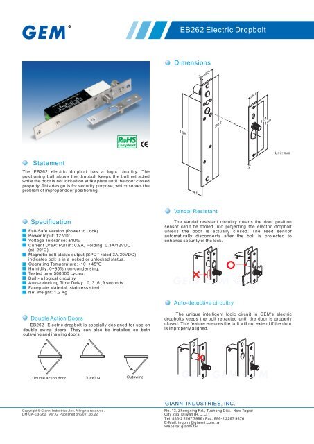 EB262 Electric Dropbolt - GEM,Gianni Industries, Inc.