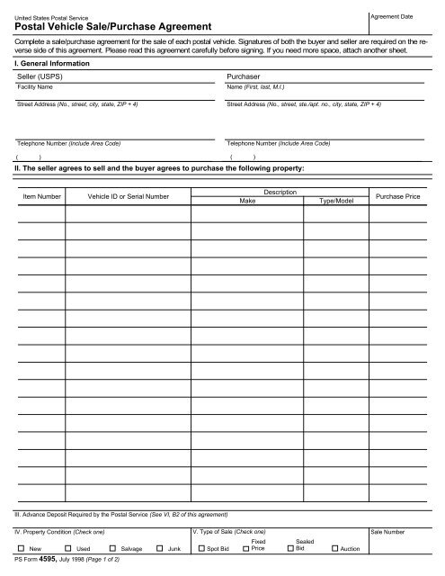 PS Form 4595, Postal Vehicle Sale/Purchase ... - NALC Branch 78
