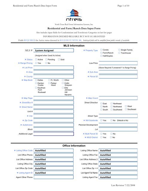 Residential and Farm/Ranch Data Input Form MLS ... - NTREIS