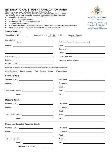 Application Form - Waikato Diocesan - School for Girls