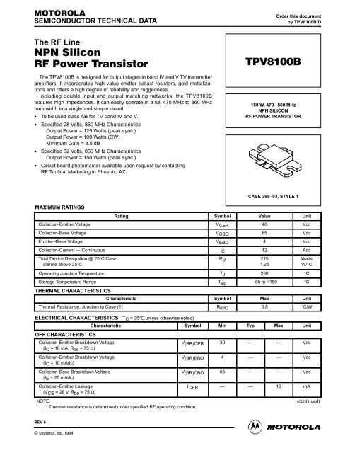 NPN Silicon RF Power Transistor TPV8100B