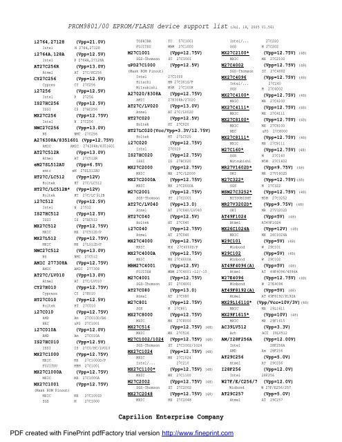 PROM9801/00 EPROM/FLASH device support list - caprilion ...