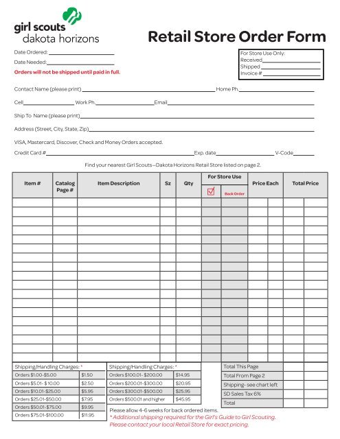 Retail Store Order Form - Girl Scouts - Dakota Horizons