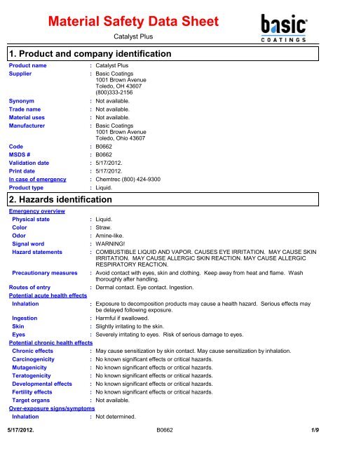 B0662 XL Catalyst MSDS English (Canada) - Basic Coatings