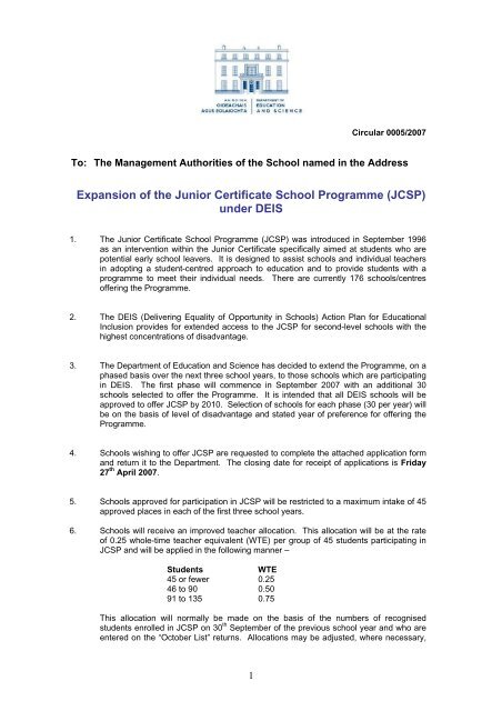 Expansion of the Junior Certificate School Programme ... - Circulars