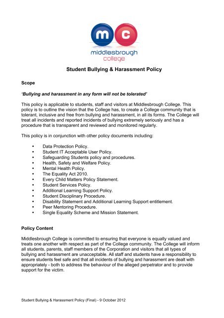 Student Bullying & Harassment Policy - Middlesbrough College