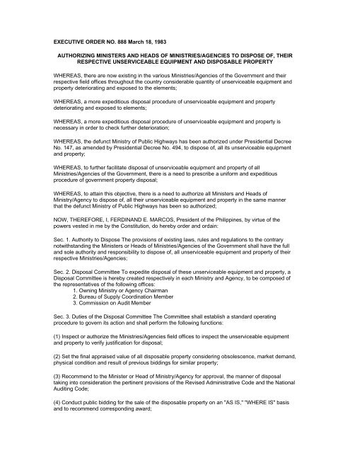 EXECUTIVE ORDER NO. 888 March 18, 1983 ... - GPPB