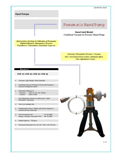 Pneumatic Hand Pump - Prisma Instruments