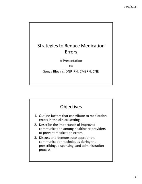 Strategies to Reduce Medication Errors Objectives
