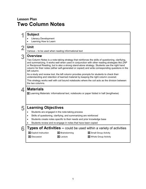 Lesson Plan: Two Column Notes - youth literacy canada