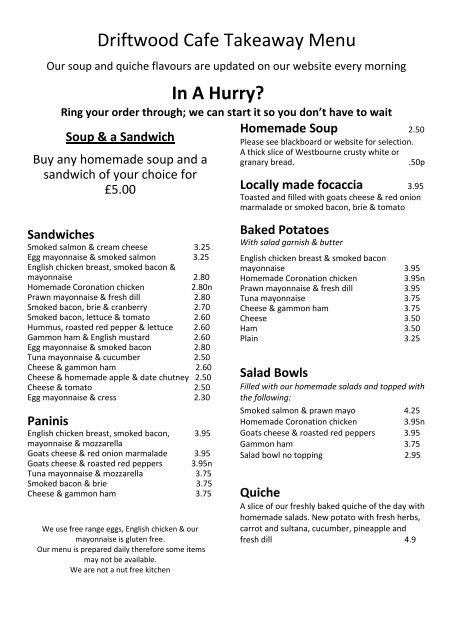 Driftwood Cafe Takeaway Menu In A Hurry?