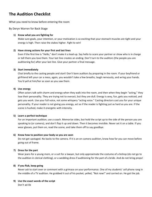 The Audition Checklist - JRP New England