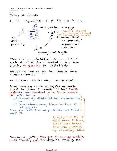 Erlang B formula and its corresponding Markov Chain