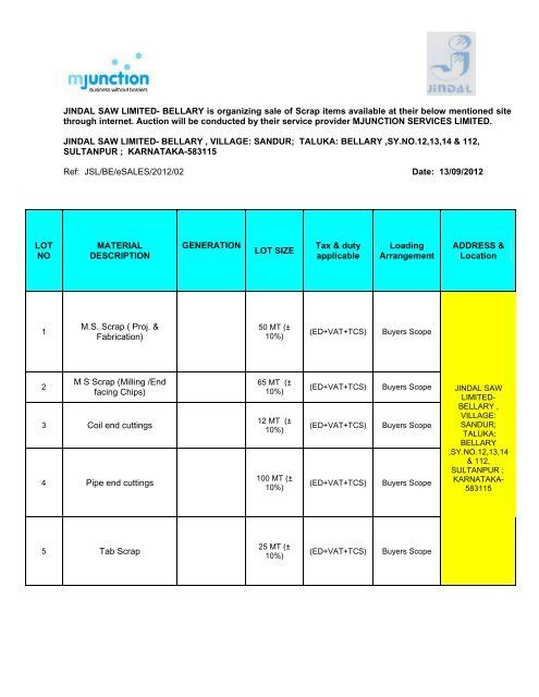 JINDAL SAW LIMITED- BELLARY is organizing sale of Scrap items ...