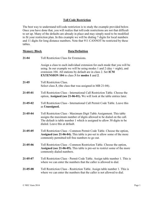 Toll/Code Restriction - NEC Tek Help