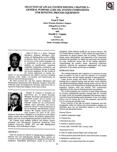 Selection of API 614, Fourth Edition, Chapter 3, General Purpose ...