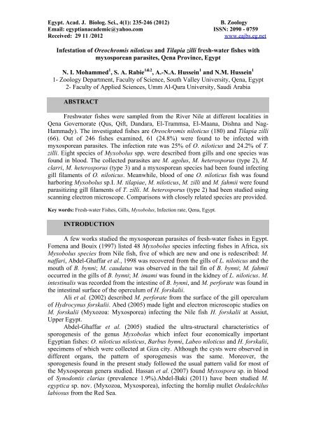 Infestation of Oreochromis niloticus and Tilapia zilli fresh-water ...
