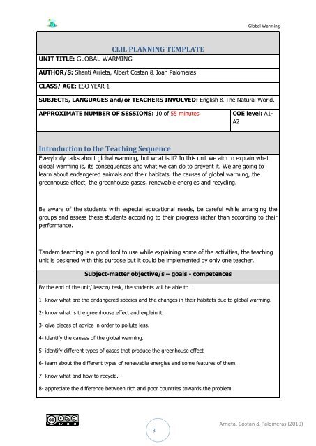 CLIL PLANNING TEMPLATE Introduction to the Teaching Sequence