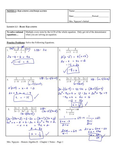 Mrs. Nguyen â Honors Algebra II â Chapter 1 Notes ... - Teacher