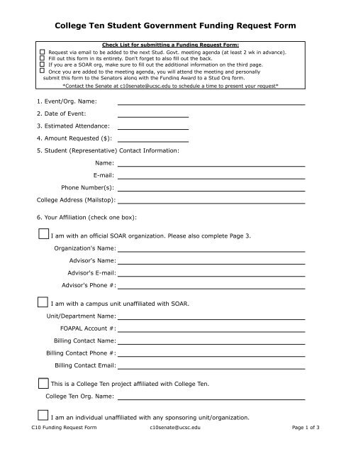 College Ten Student Government Funding Request Form