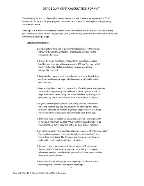 OTAC EQUIPMENT CALCULATION FORMAT - McCormick PCS Info