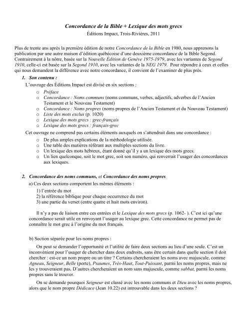 Concordance de la Bible + Lexique des mots grecs - DEQ inc