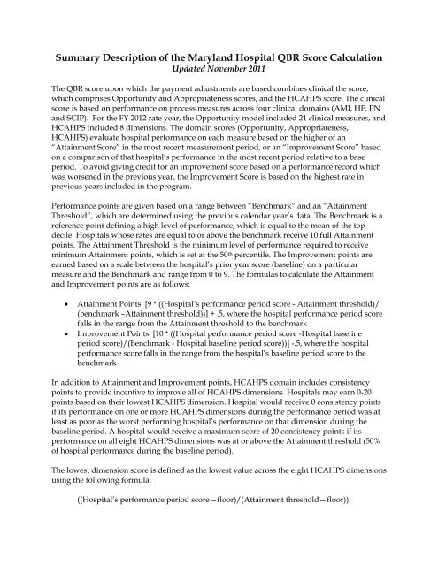 Summary Description of the Maryland Hospital QBR Score Calculation