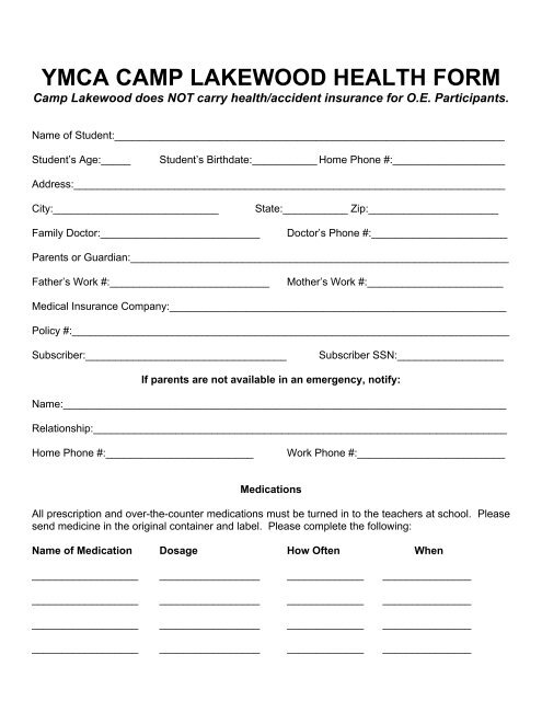 Camp Lakewood YMCA Health Form