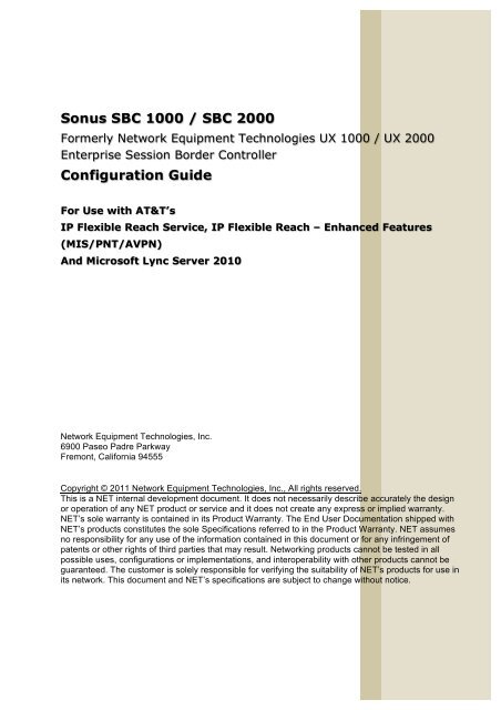 Sonus SBC 1000 / SBC 2000 Configuration Guide - Sonus Networks