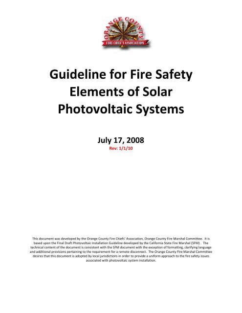 Guideline for Fire Safety Elements of Solar Photovoltaic Systems