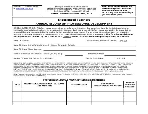 Experienced Teachers ANNUAL RECORD OF PROFESSIONAL ...
