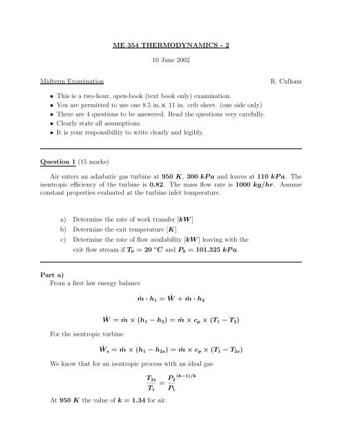 ME 354 THERMODYNAMICS - 2 10 June 2002 Midterm ...