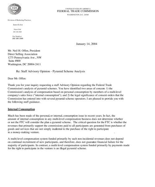 FTC Letter - Pyramid Scheme Alert