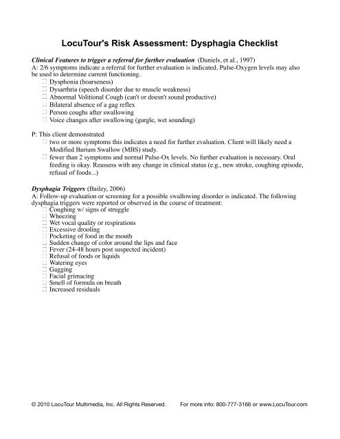 LocuTour's Risk Assessment: Dysphagia Checklist