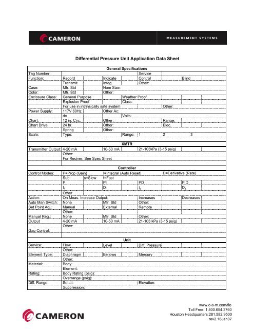 Differential Pressure Unit Application Data Sheet