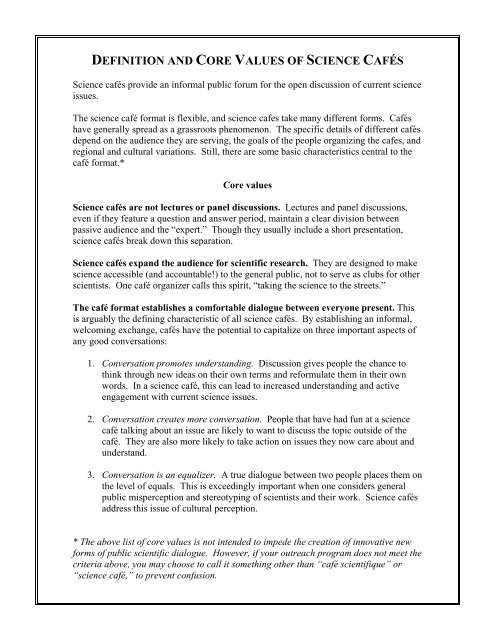 DEFINITION AND CORE VALUES OF SCIENCE CAFÉS - Sigma Xi