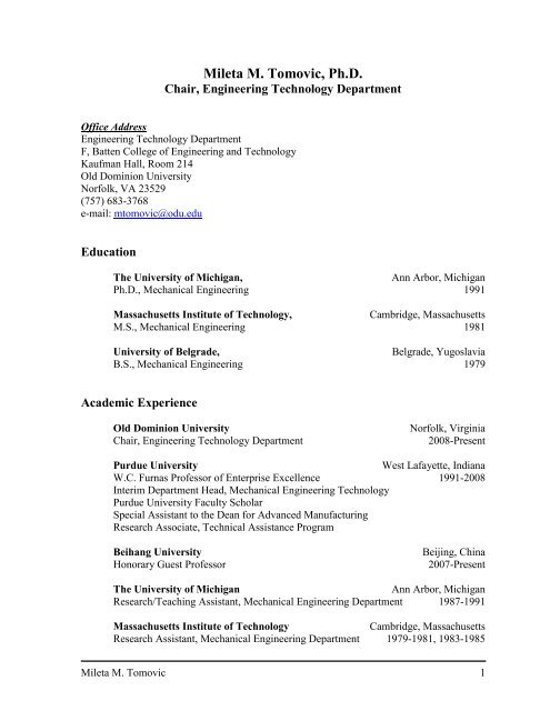 Dr. Tomovic's CV. (PDF) - College of Engineering and Technology